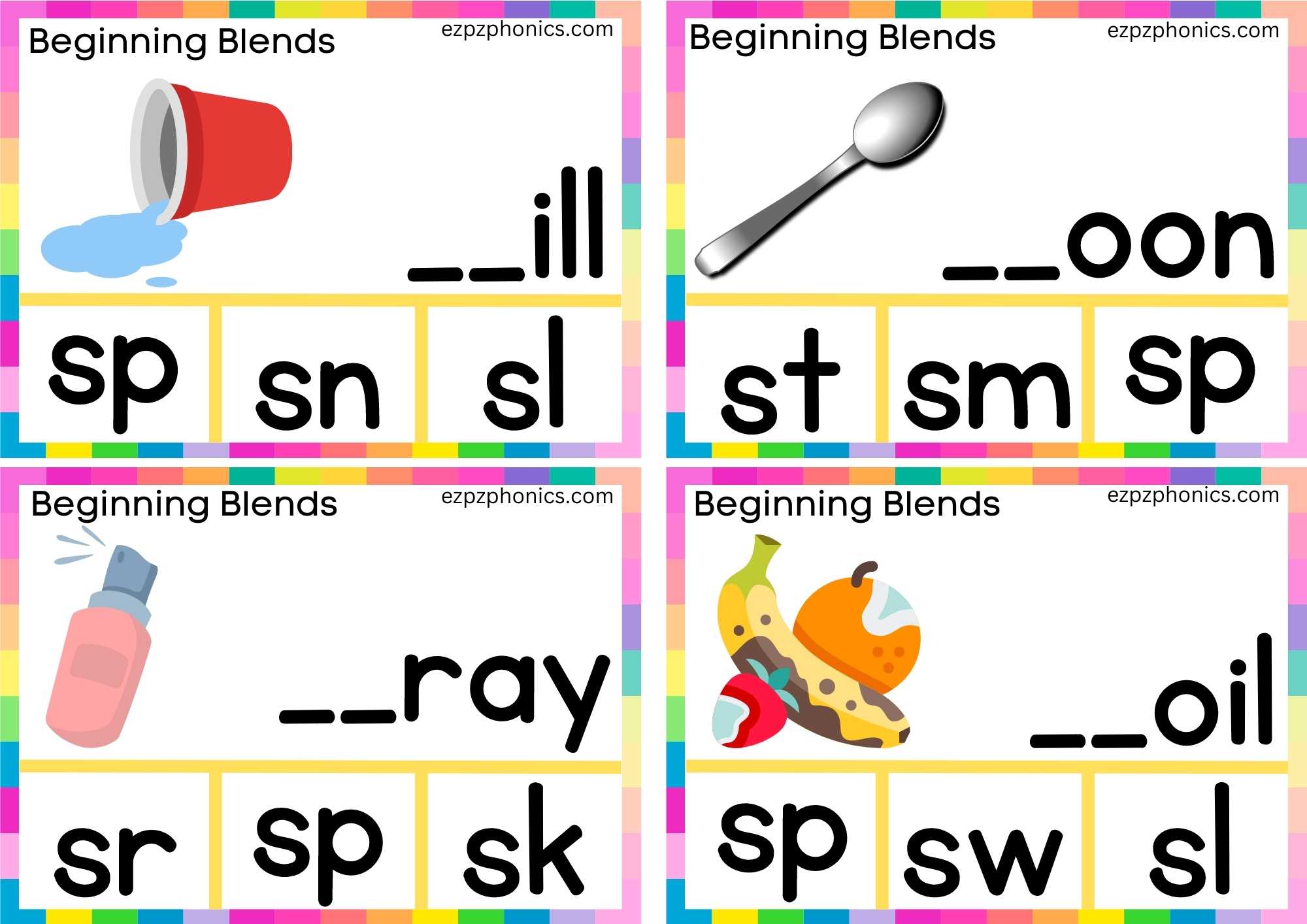 SP Beginning Blends Clip Cards Finish The Words And Clip The Correct Letters Set 1 - ezpzphonics.com